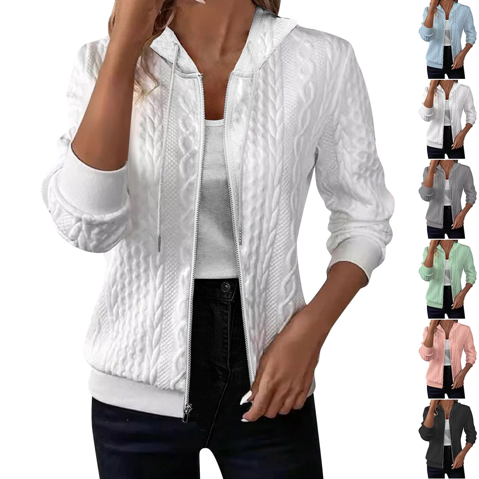 Danhjin Women's Knitted Hoodies Full Zip up Jacket Cable Knit Fall ...