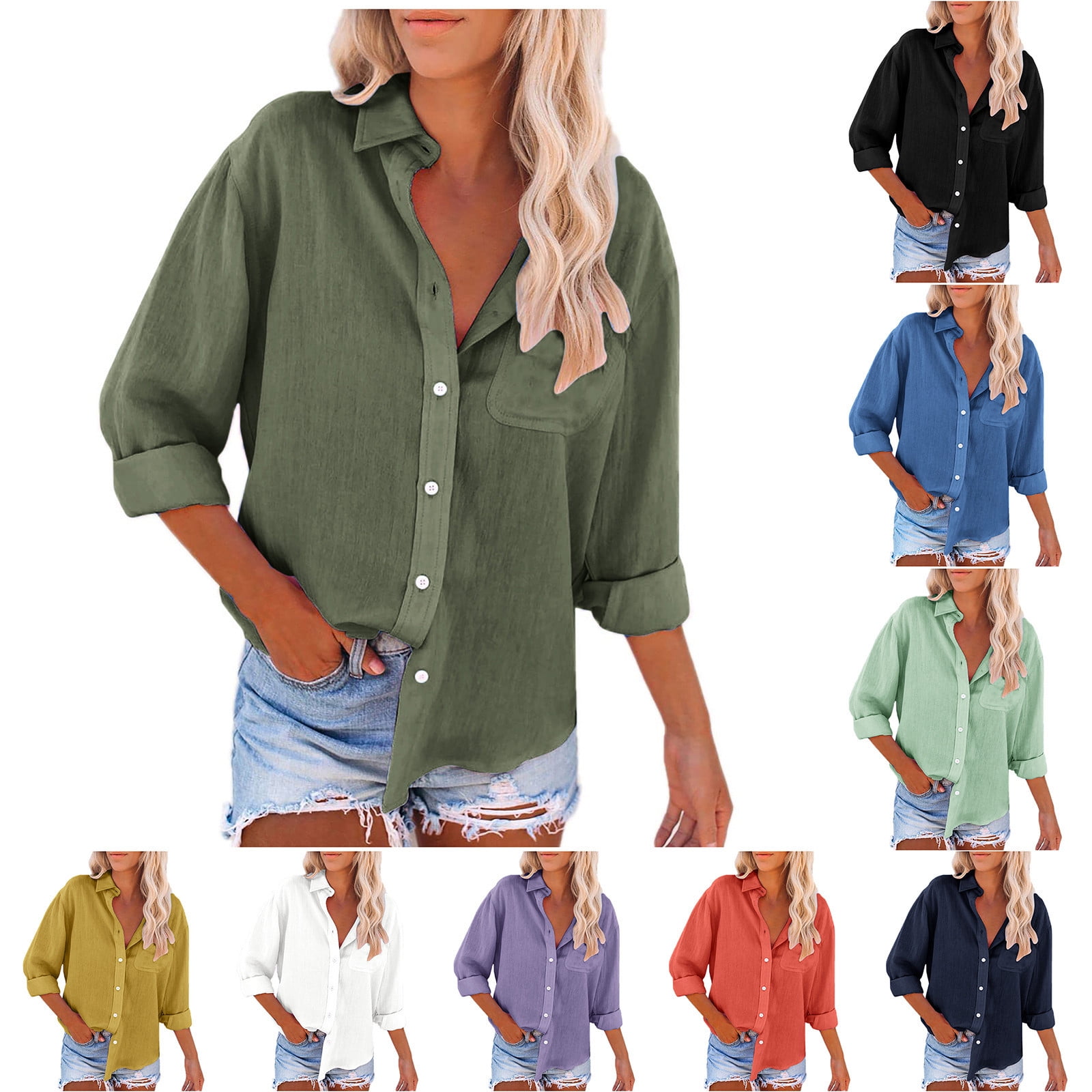 Danhjin Women's Linen Shirts Button Down Long Sleeve Casual Tops Collar ...