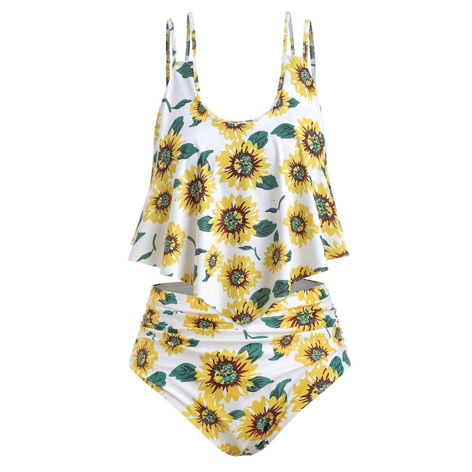 Danhjin Women's Plus Size Swimsuit Ruffled Overlay High Waist Tankini ...