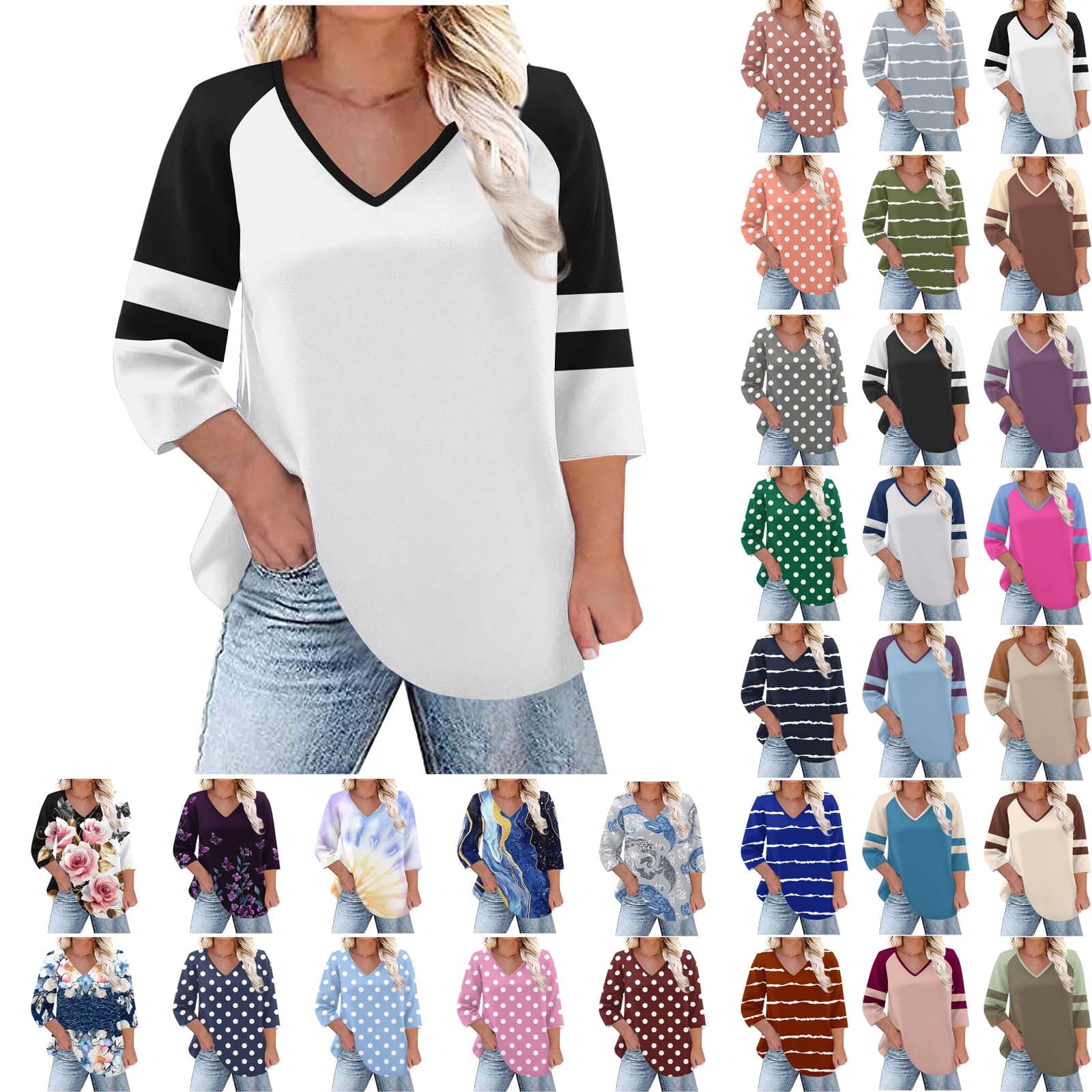 Danhjin Women's Plus Size Tops Color Block 3/4 Sleeve V Neck Loose ...