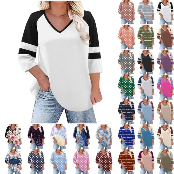 Danhjin Women's Plus Size Tops Color Block 3/4 Sleeve V Neck Loose ...