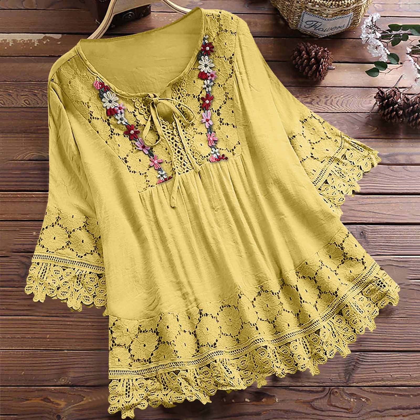 Danhjin Womens Tunic Tops Lace Crochet Eyelet Tops Flowy Short Sleeve ...
