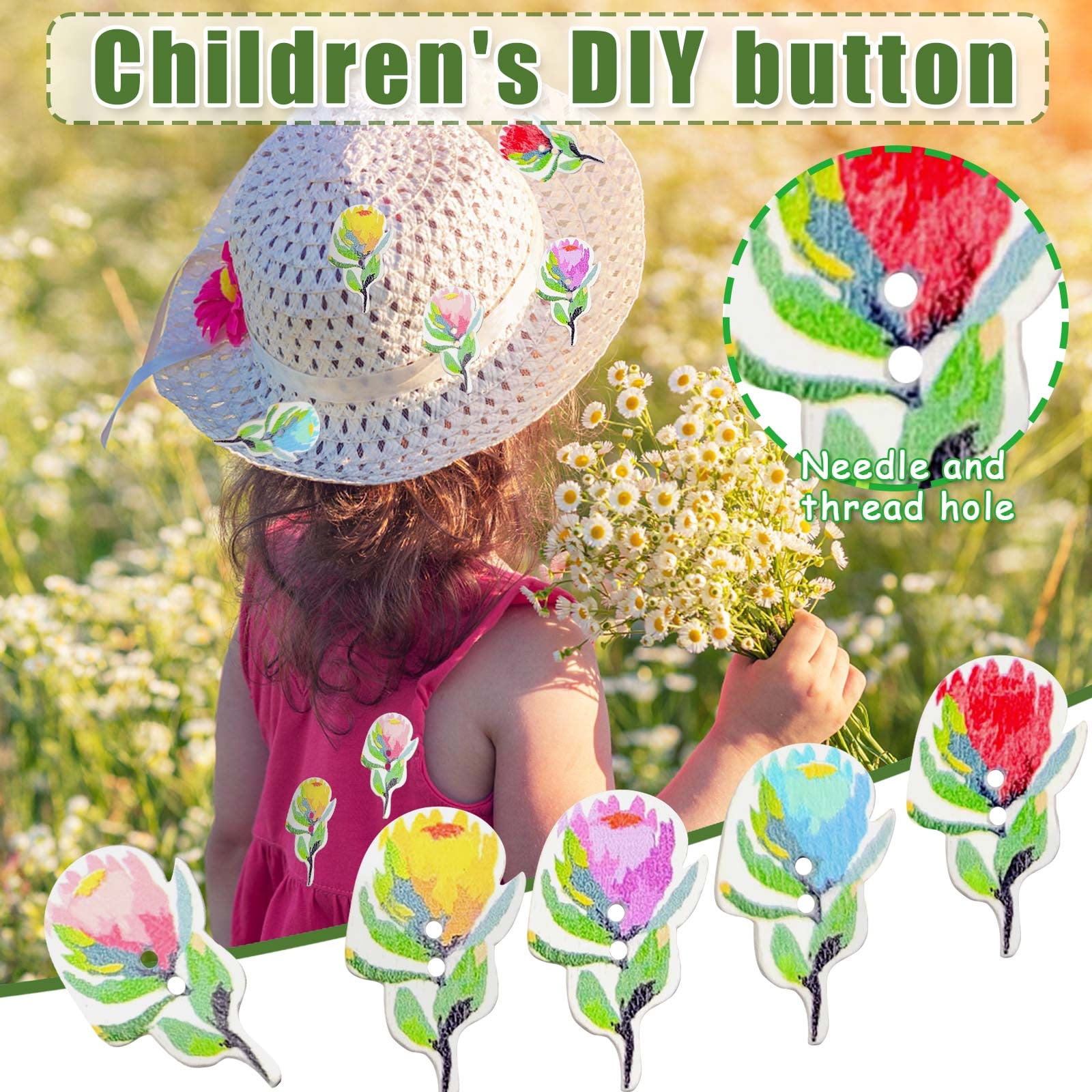 Danieerclosy 50 Pcs Wooden Flower Shape Buttons - 2-Hole Sewing Craft ...