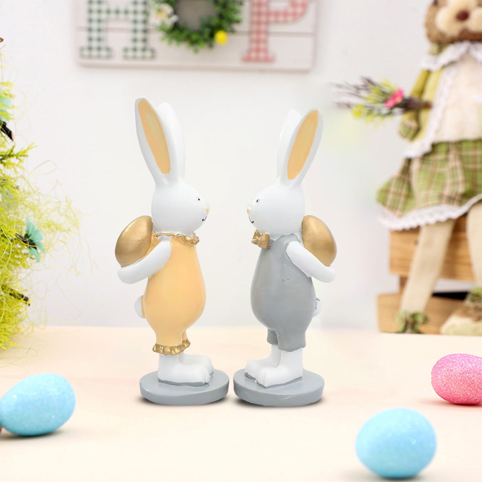 Danieerclosy Easter Couple Bunny Figurines with Golden Eggs - Charming ...