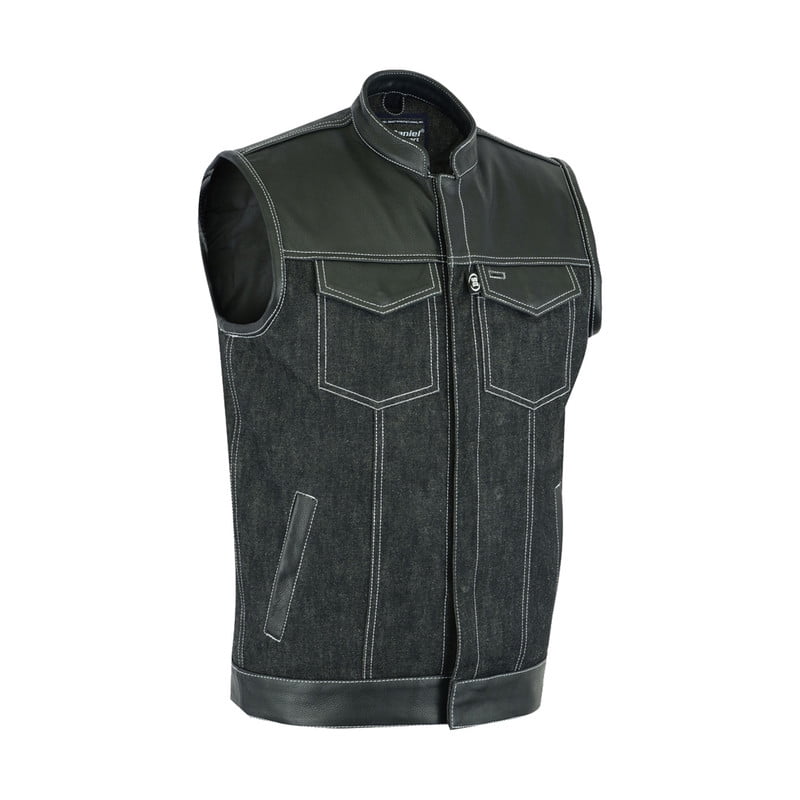 Daniel Smart Biker Vest for Men Unique Black Denim Vest with Leather ...