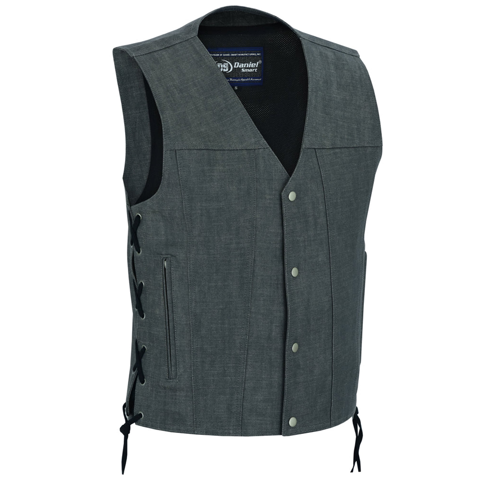 Daniel Smart Men’s Leather Vest - Unique Grey Denim Material Motorcycle ...