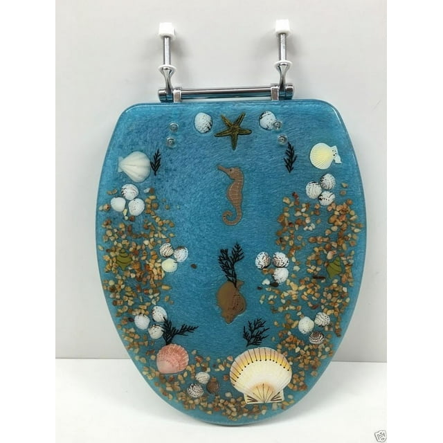 Elongated Blue Seashell and Seahorse Resin Toilet Seat with Easy Clean ...