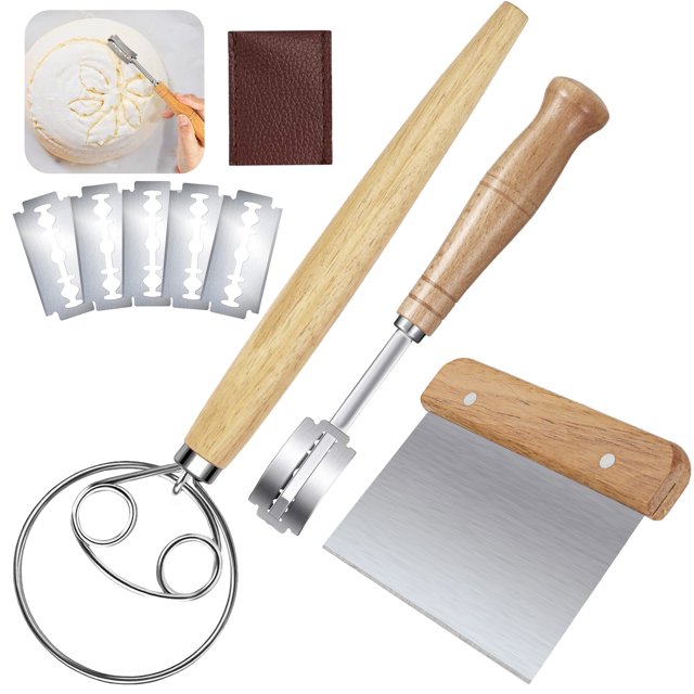 Danish Dough Bread Whisk Set of 3, Wooden Handle Bread Mixer Tools and ...