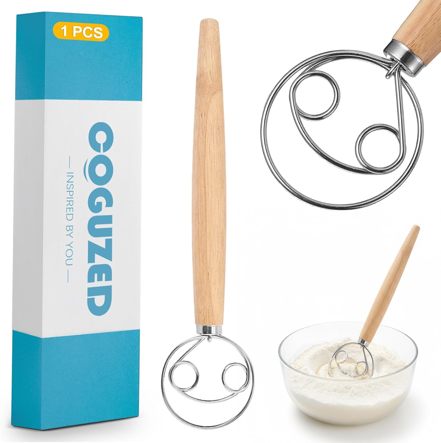 Danish Dough Whisk - Stainless Steel Hand Mixer with Wooden Handle ...
