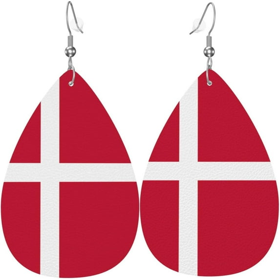 Danish flag Women's Teardrop Leather Earrings, Hook 925 Silver Plated ...