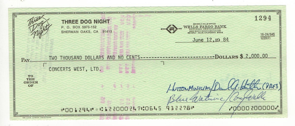 Danny Hutton Cory Wells Signed Autographed Bank Check Three Dog Night ...