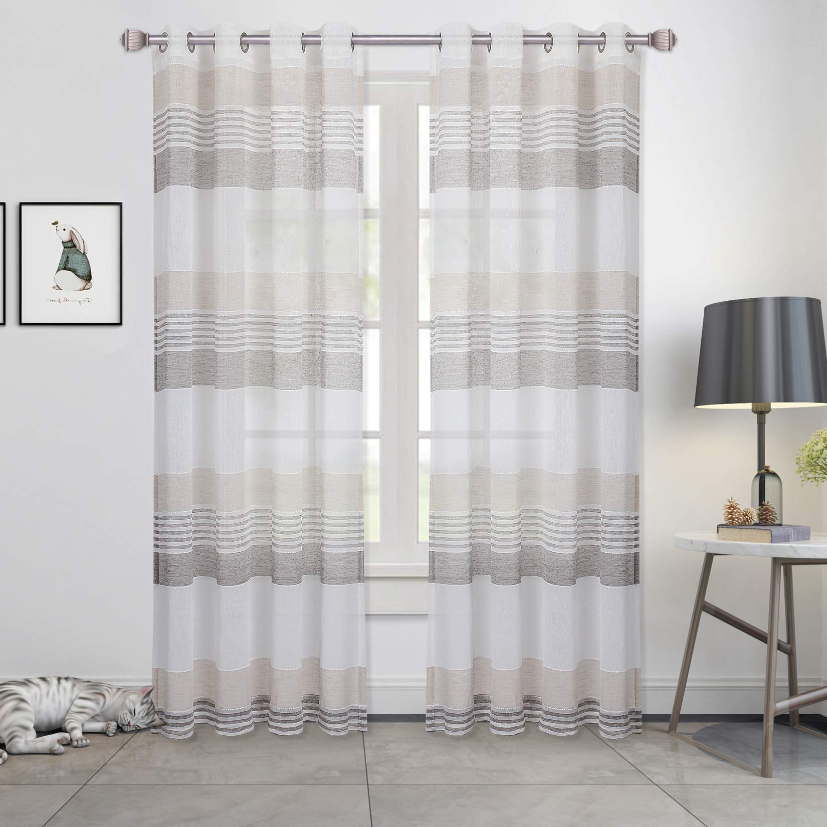 Danolaps Striped Sheer Window Curtains Splicing Stripe Voile Grommet ...