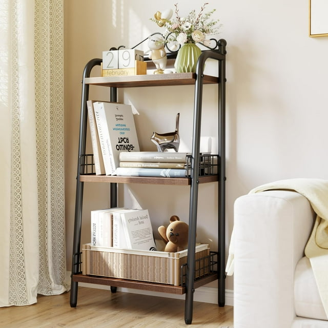 Danolapsi 3-Tier Ladder Bookshelf,Industrial Wooden Bookcase w/Metal ...