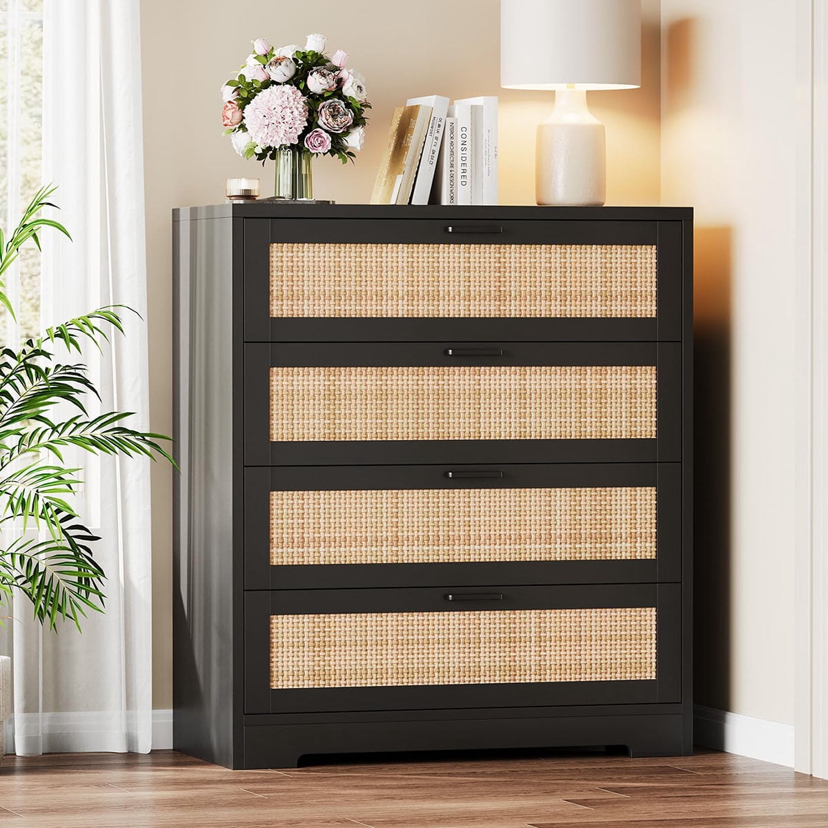 Danolapsi 4 Drawer Dresser for Bedroom, Rattan Chest of Dressers ...