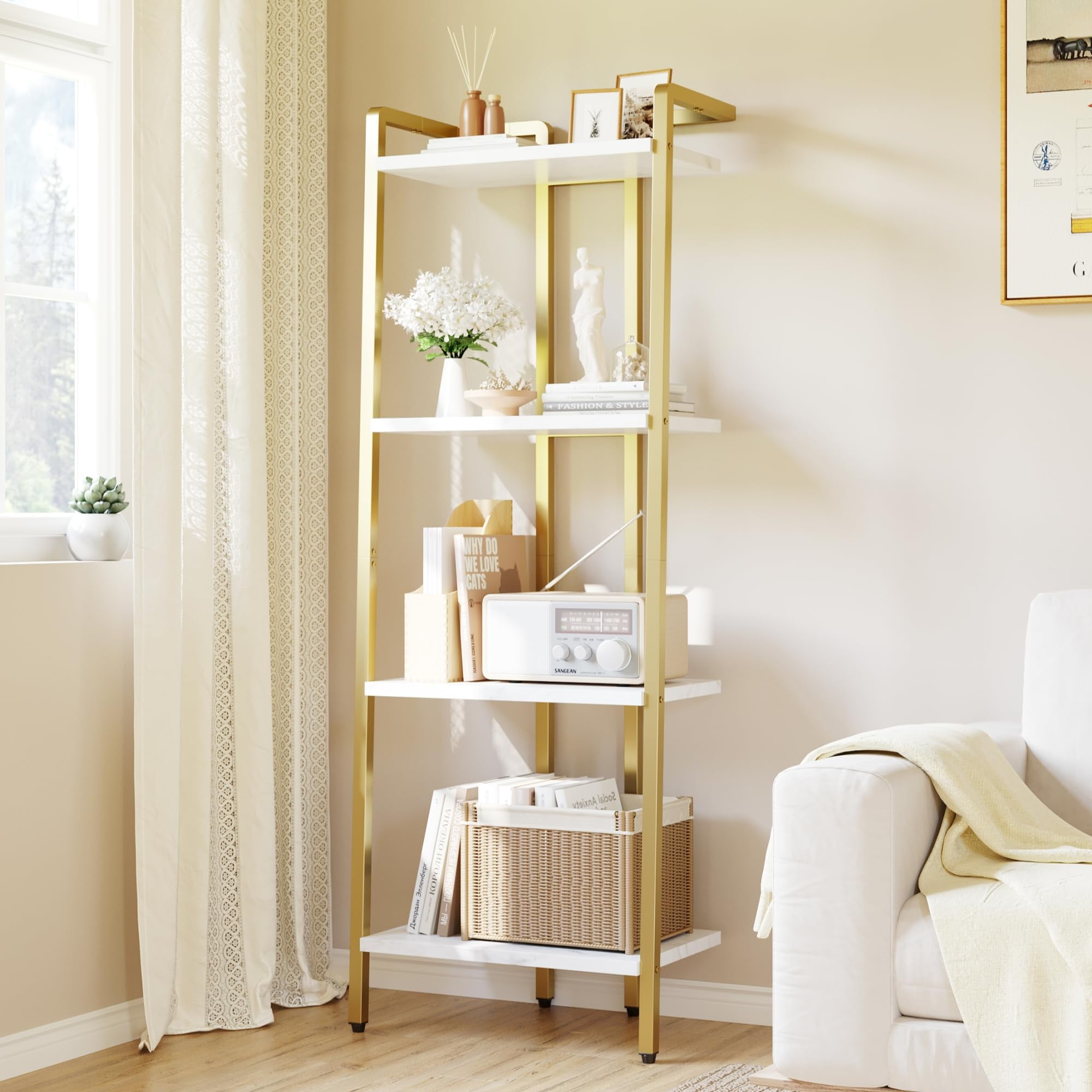 Danolapsi 4 Tier Bookshelf,Gold Narrow Bookshelf with Metal Frame,Small ...