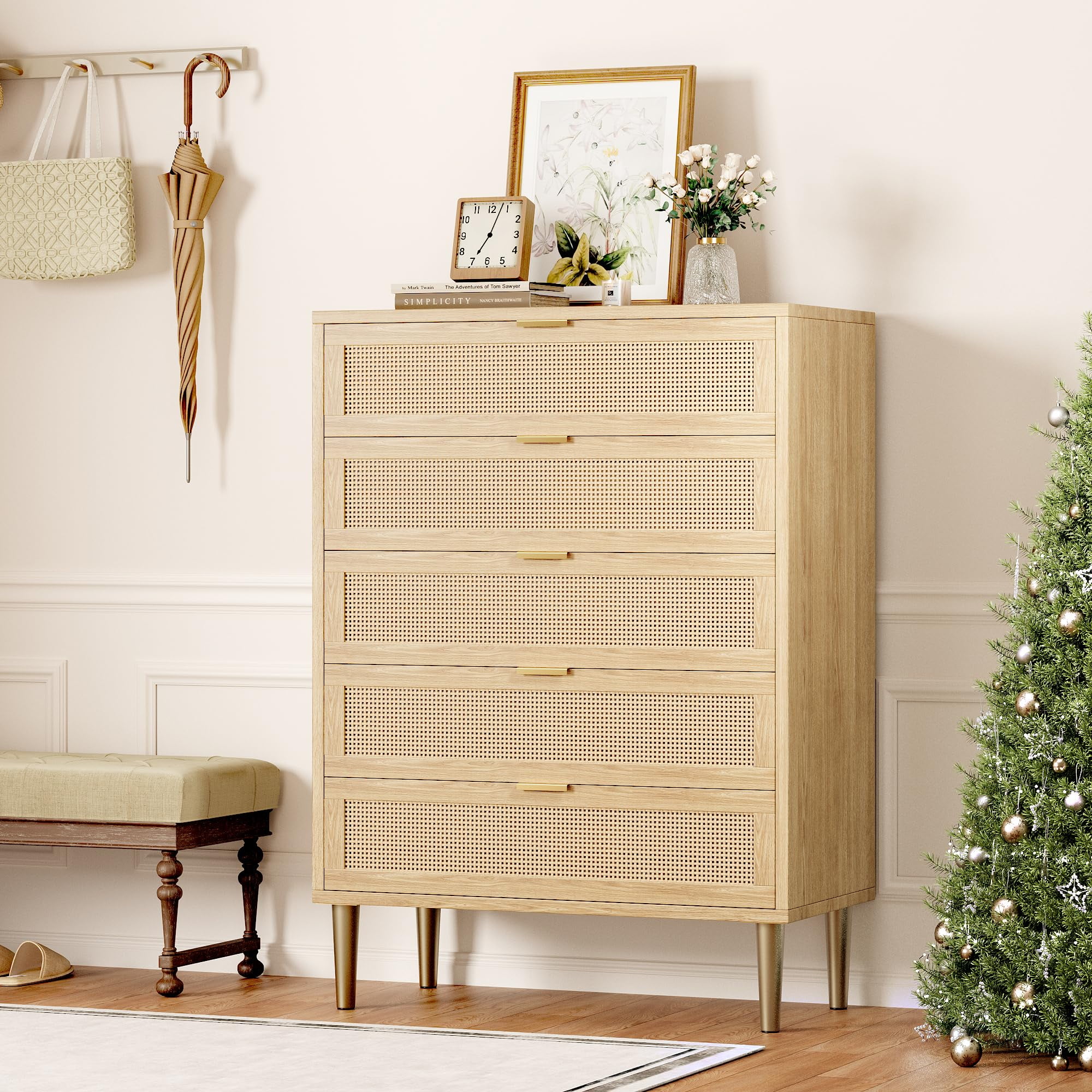 Danolapsi 5 Drawer Rattan Dresser,44'' Tall Narrow Chest of Drawer ...