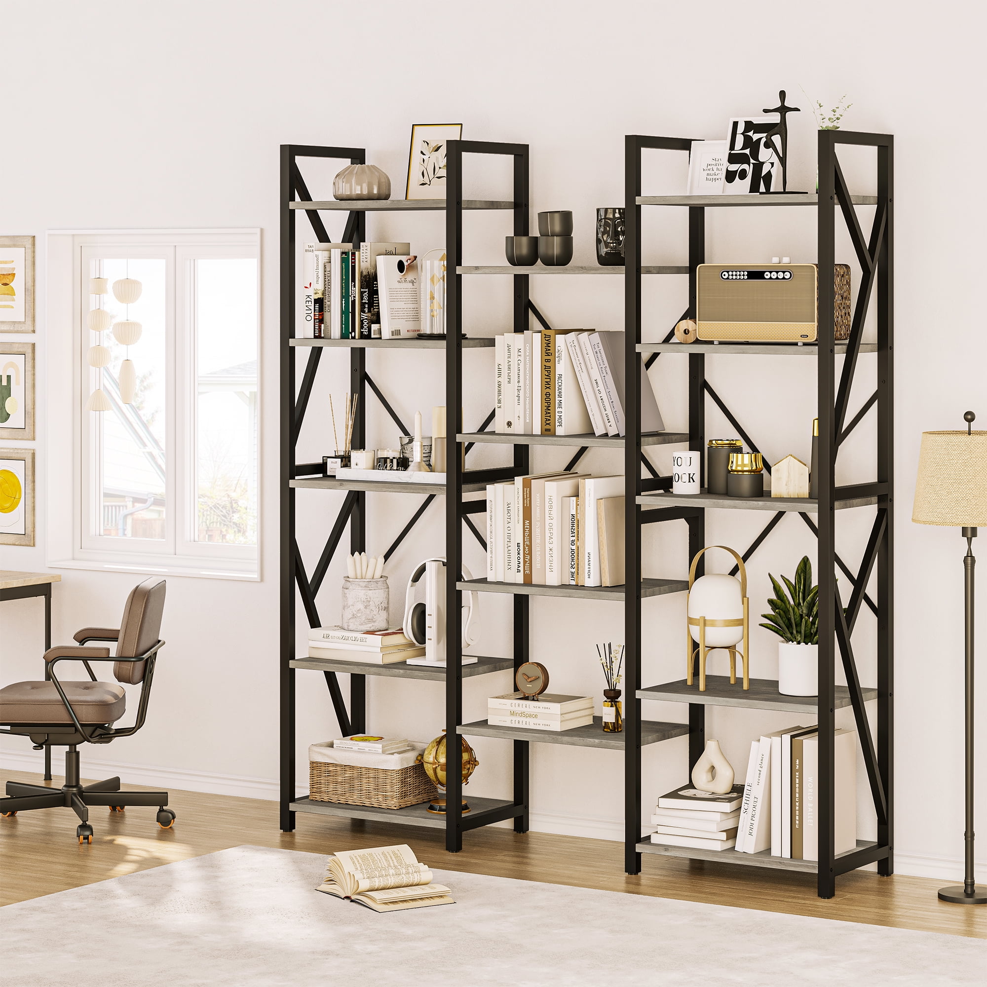 Danolapsi 5 Tiers Bookshelf,Classically Triple Wide Tall Bookcase with ...