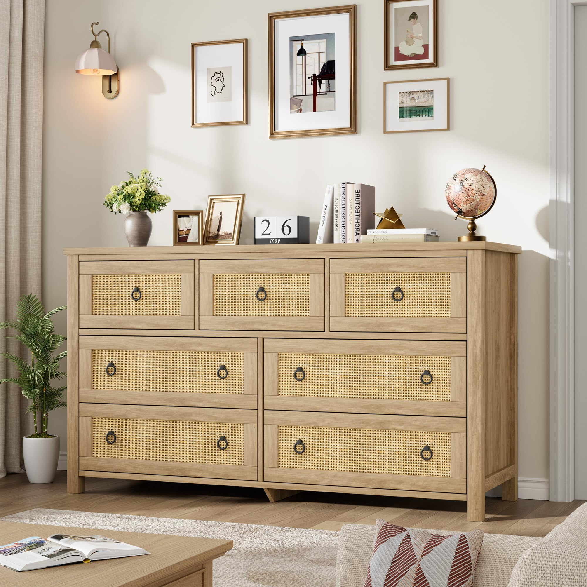 Danolapsi 6 Drawer Double Dresser for Bedroom,Rattan Chest of Dressers ...