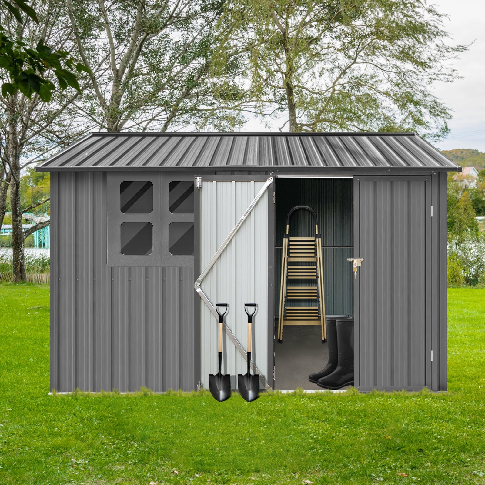 Danolapsi 6x8FT Metal Outdoor Storage Shed with Window, Outside Storage ...