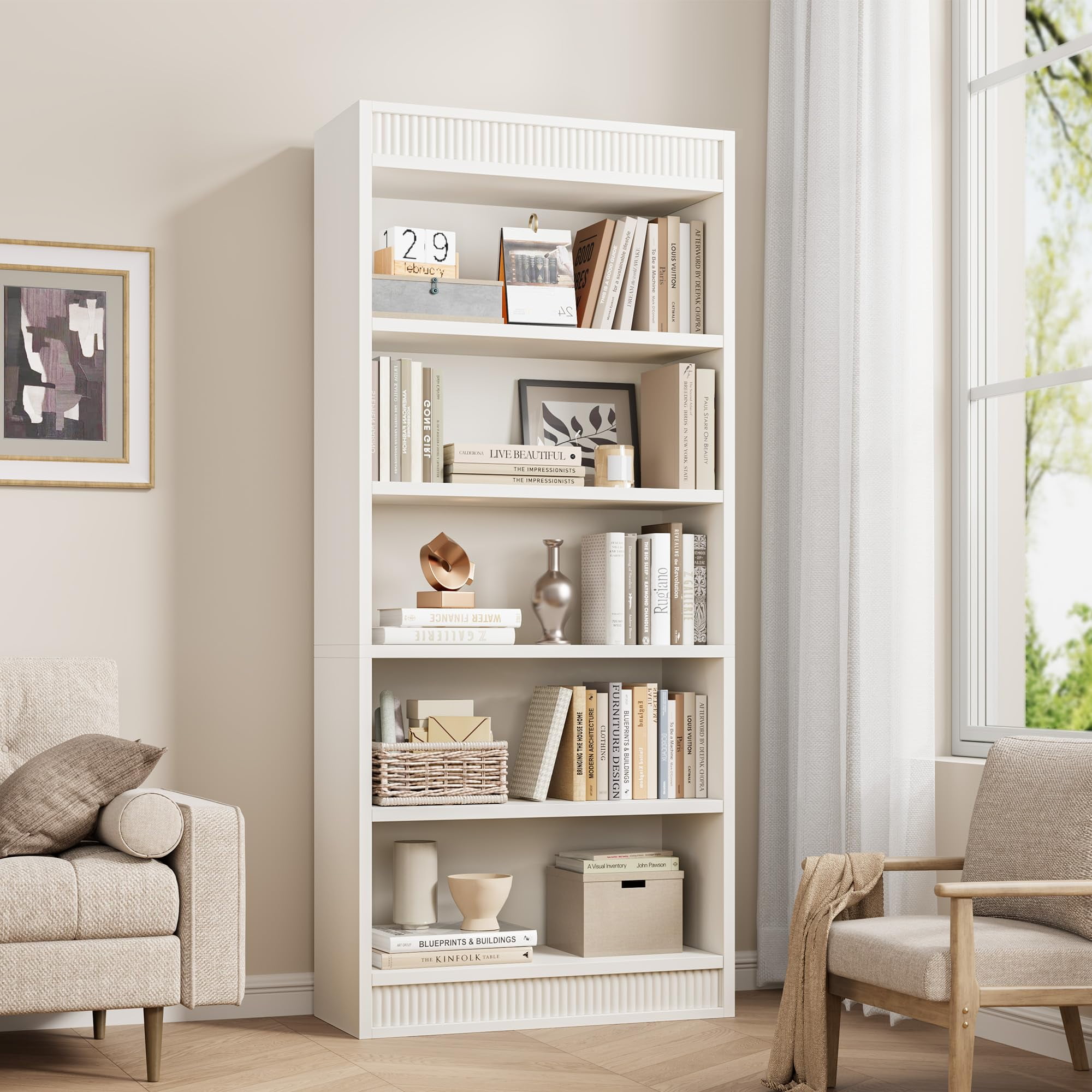 Danolapsi 71" Farmhouse Bookcase with Display Rack & Fluted Design, 5 ...