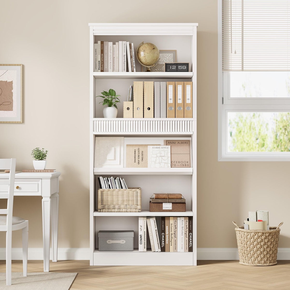 Danolapsi 71" Farmhouse Bookcase with Display Rack & Fluted Design, 5 ...