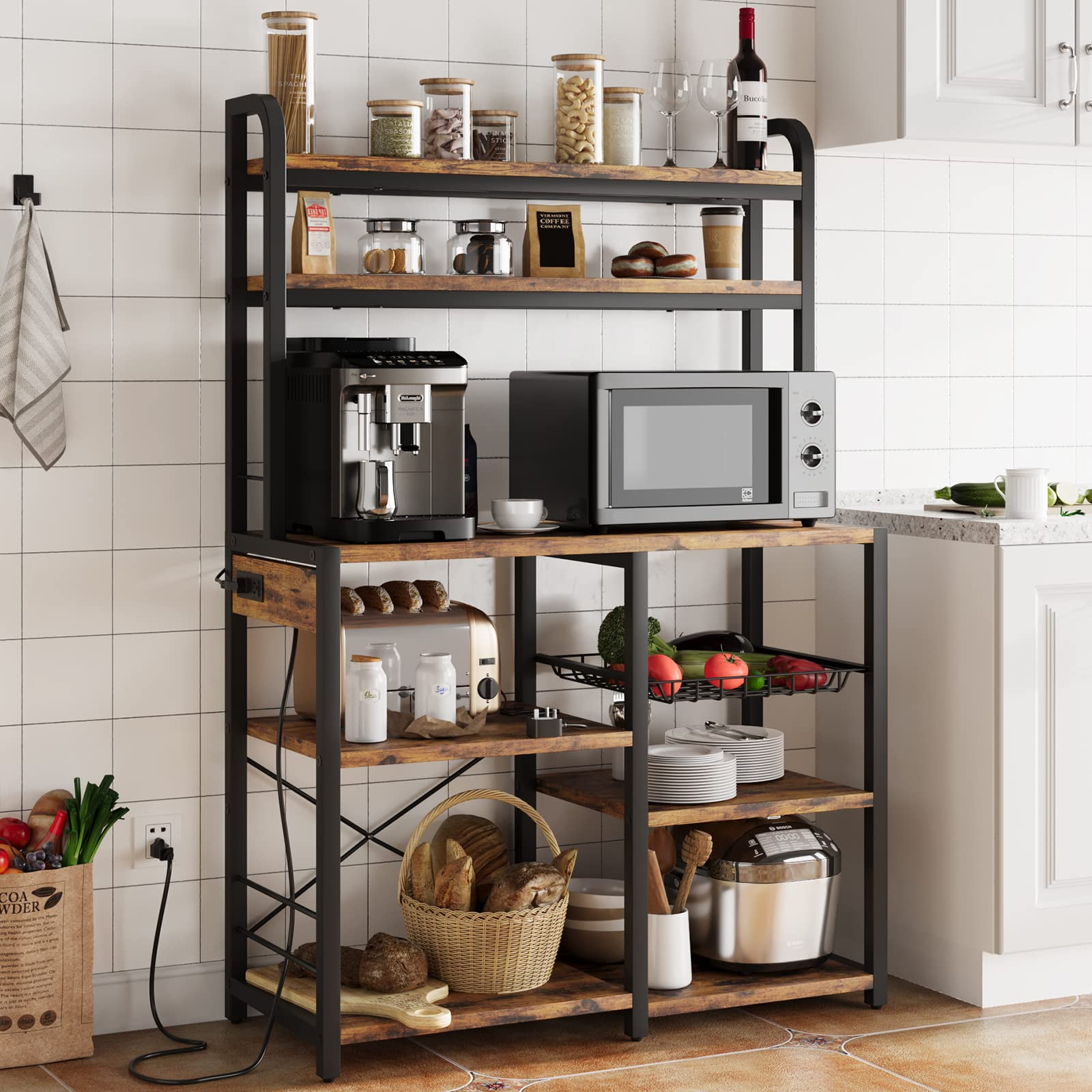 Danolapsi Bakers Rack with Power Outlet,Coffee Bar Cabinet with Wire ...