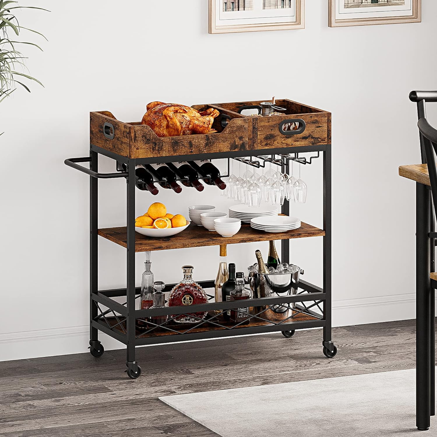 Danolapsi Bar Cart with Wine Rack,3 Tier Mobile Bar Carts for The Home ...