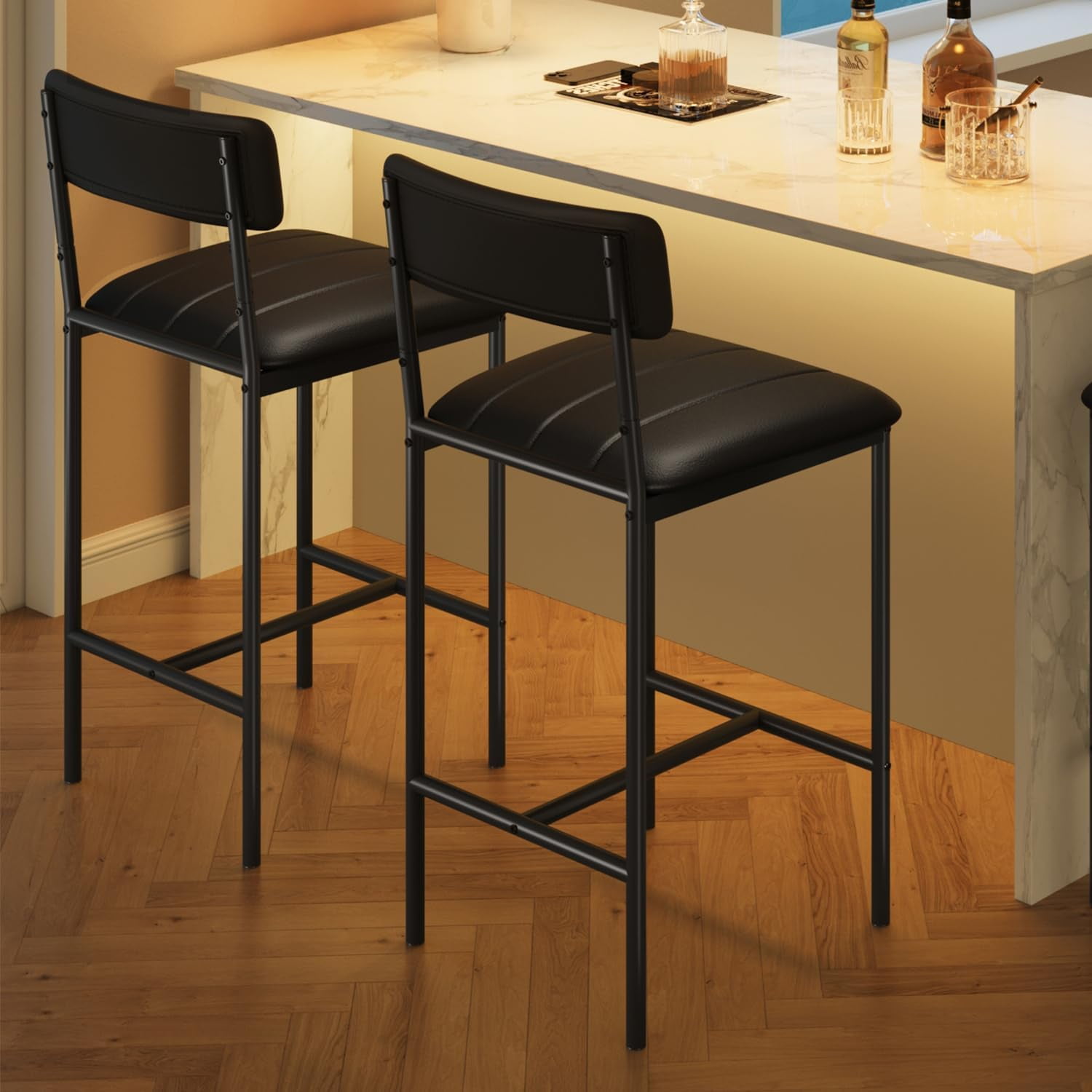 Danolapsi Bar Stools Set of 2,PU Upholstered Breakfast Stools,Counter ...