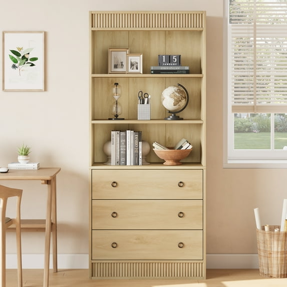 Danolapsi Bookshelf with Drawers,70.8" Fluted Bookcase,Bookshelf 6 Tier ...