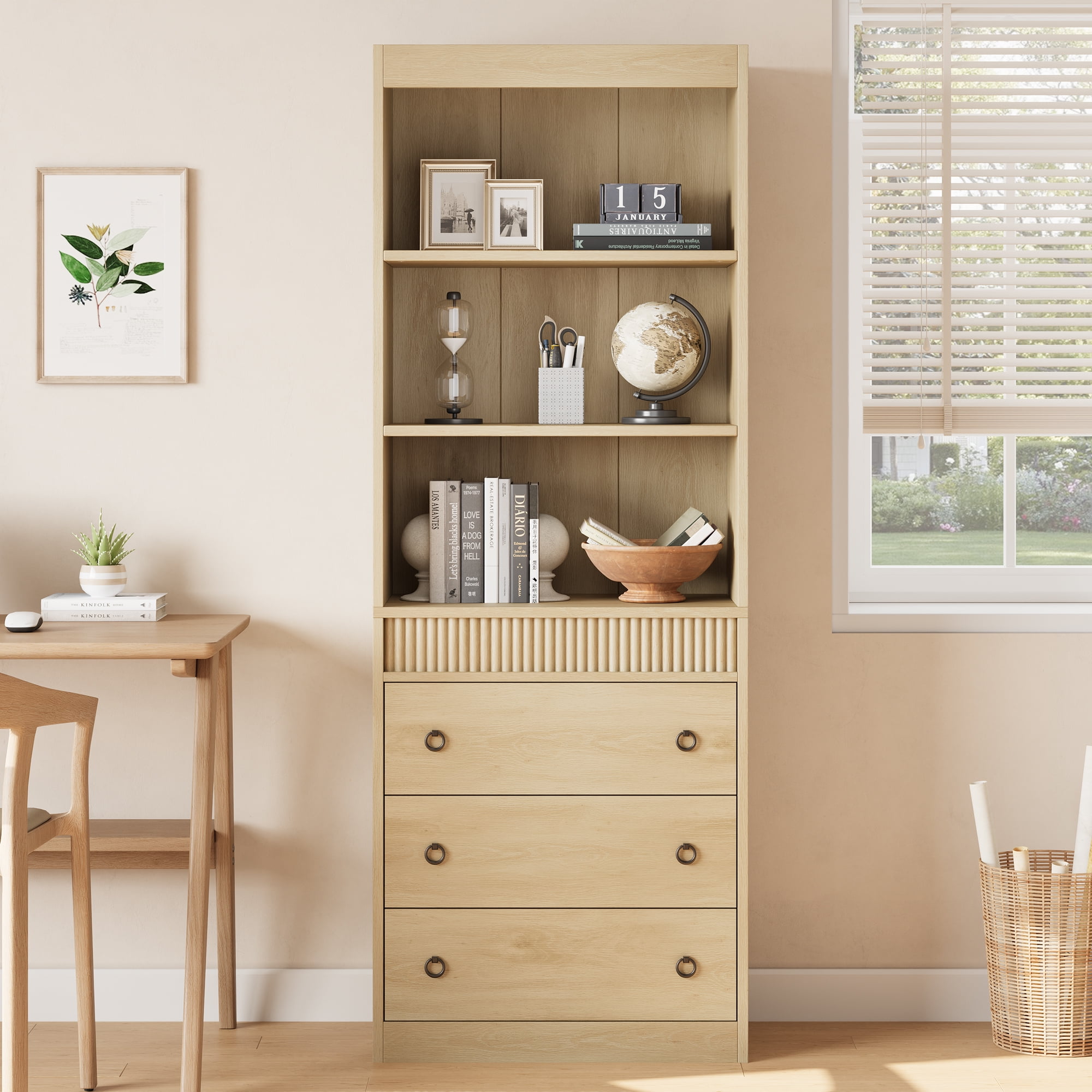 Danolapsi Bookshelf with Drawers,70.8" Fluted Bookcase,Bookshelf 6 Tier ...