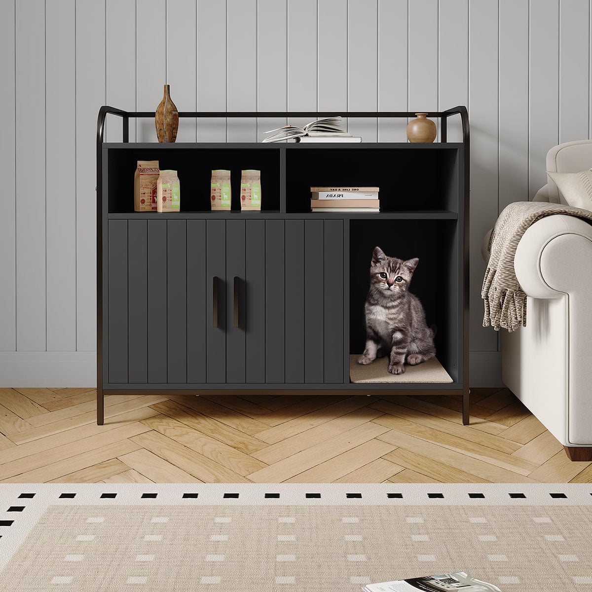 Danolapsi Cat Litter Box Enclosure, Hidden Litter Box Furniture with 2 ...