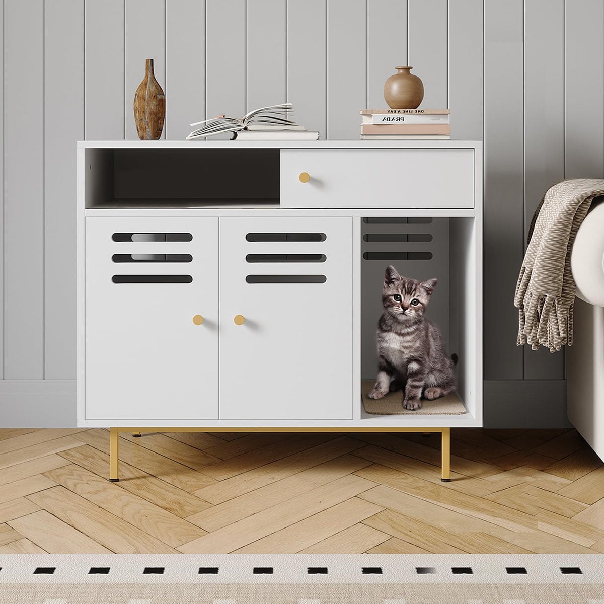 Danolapsi Cat Litter Box Enclosure,Hidden Litter box Furniture with 2 ...