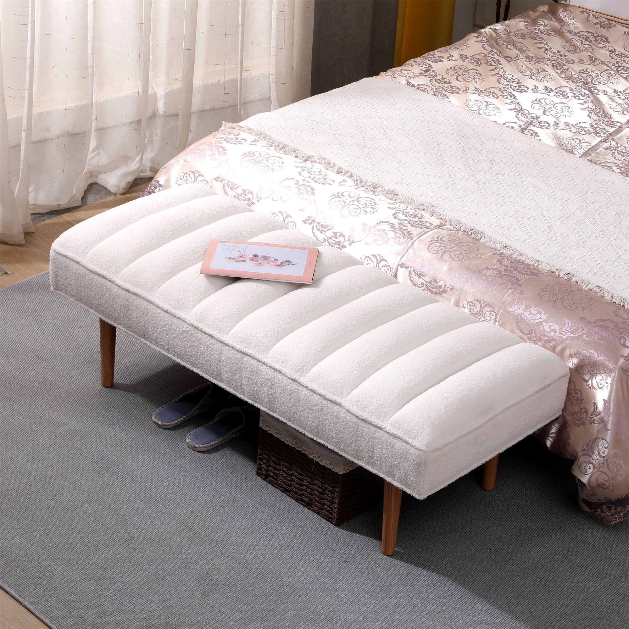 Danolapsi Channel Tufted Bench Sherpa Upholstered Rubberwood End of Bed ...
