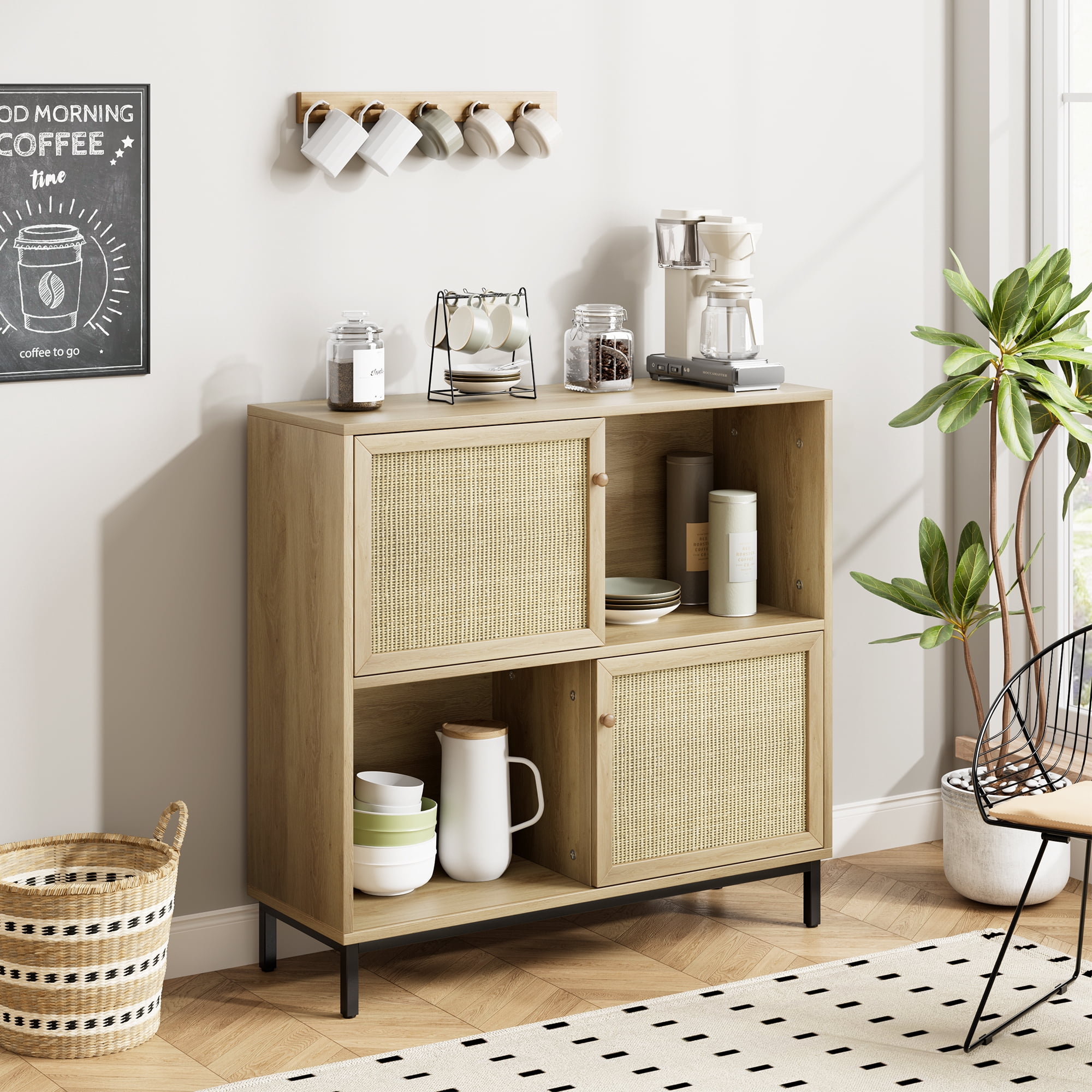 Danolapsi Coffee Bar Cabinet,Rattan Buffet Cabinet with Storage,Wood ...