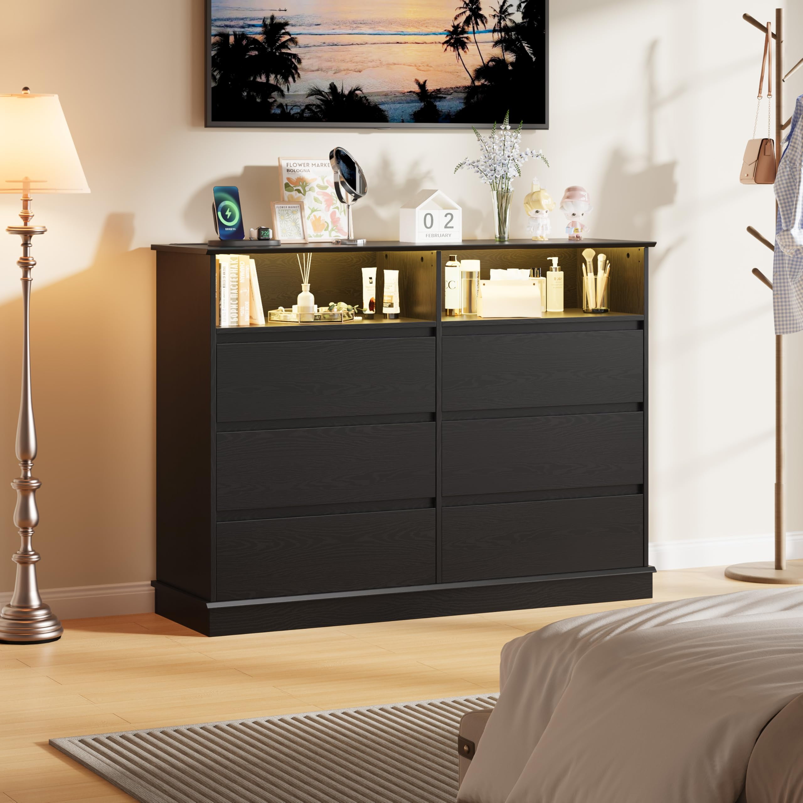 Danolapsi Dresser for Bedroom,6 Drawer Double Dresser with LED Lights ...