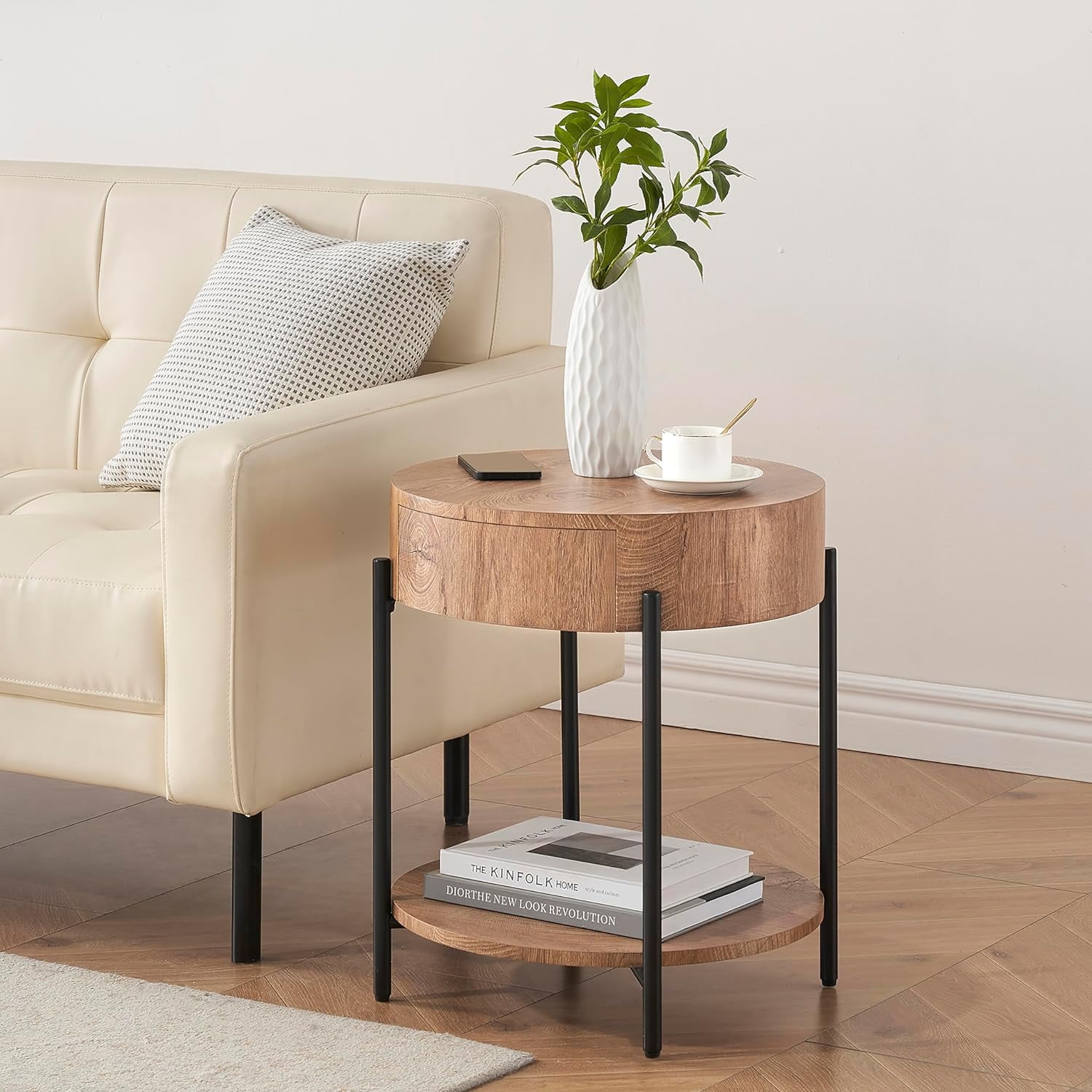 Danolapsi End Table,2 Tier Round Side Table with Storage Shelf ...