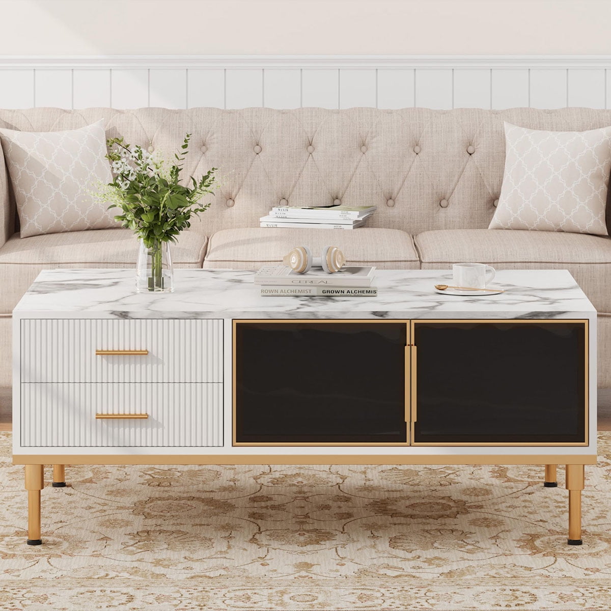 Danolapsi Faux Marble Coffee Table, Rectangle Fluted Cocktail Table with 4 Drawers, 4 Glass ...