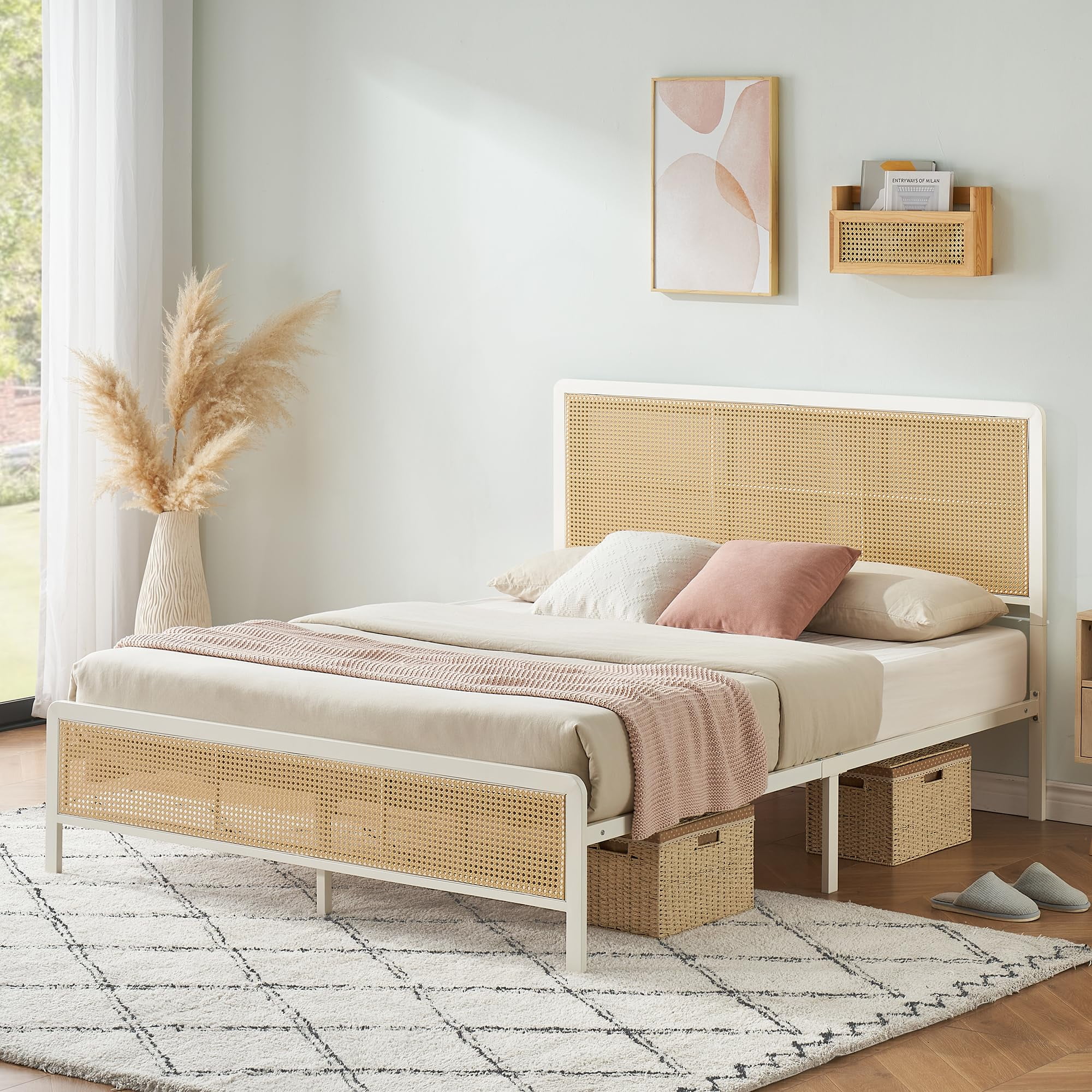 Danolapsi Full Size Bed Frame with Rattan Headboard,Rattan Platform Bed ...