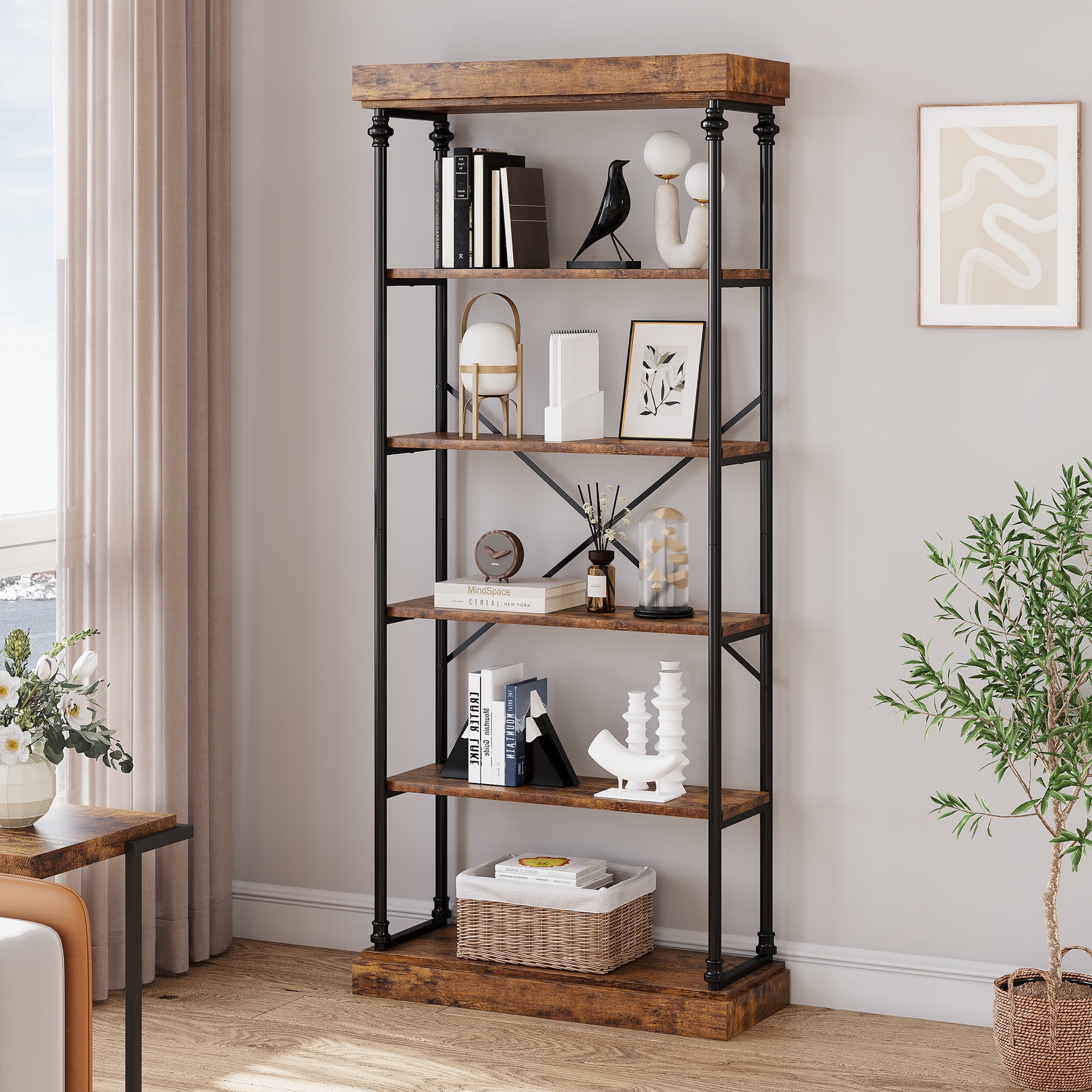 Danolapsi Industrial Bookshelf Wood Bookcase 6 Tier Storage Open Rack ...
