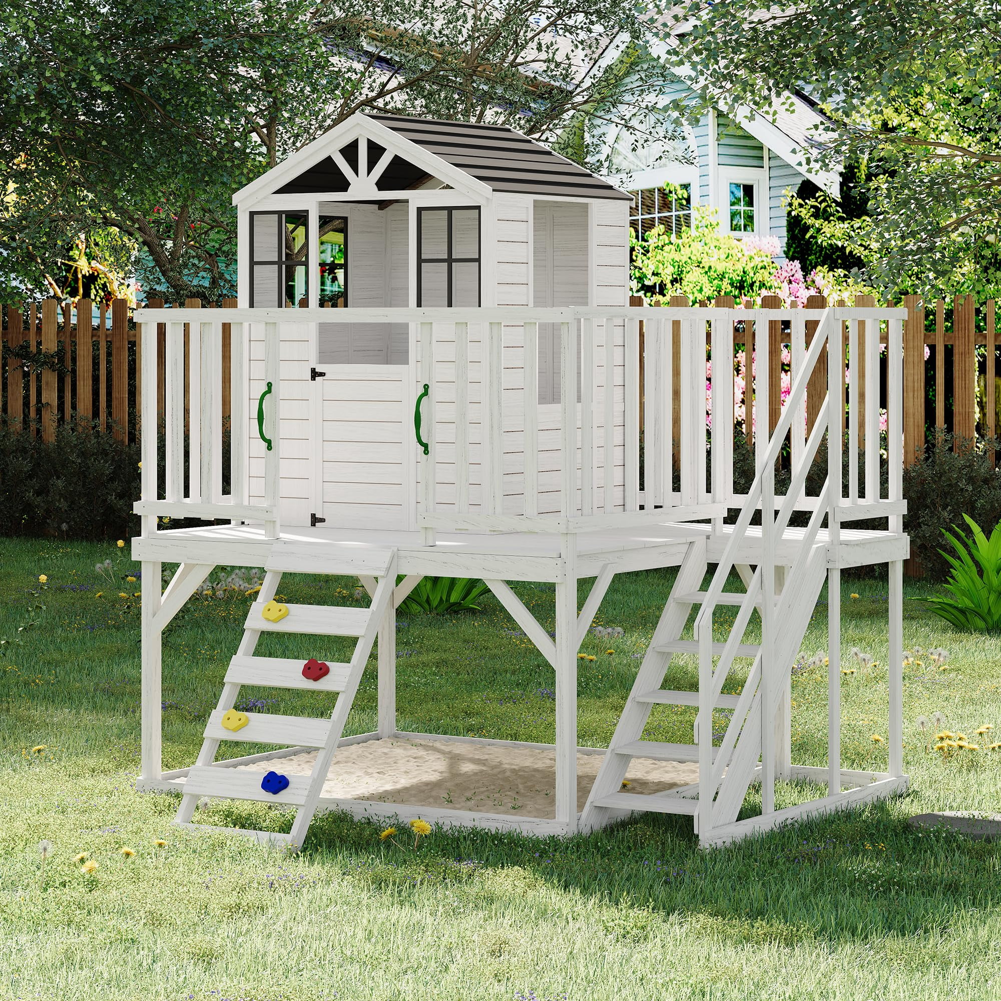 Danolapsi Kids Outdoor Playhouse with Climbing Wall, 2 Story Wooden ...