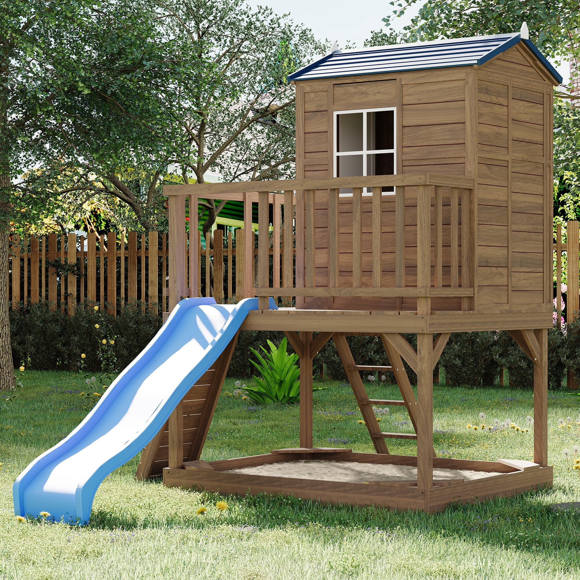 Danolapsi Kids Outdoor Playhouse with Slide, 2 Story Wooden Playhouse ...