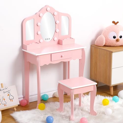 Danolapsi Kids Vanity, Girls Vanity Set with Mirror and Stool, Makeup ...
