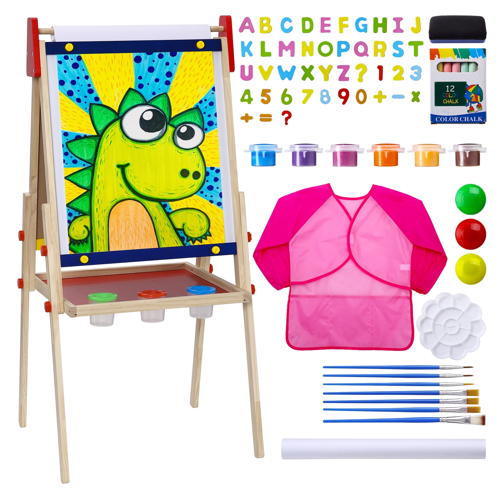 Danolapsi Kids Wooden Easel with Paper Roll,Adjustable Double Sided ...