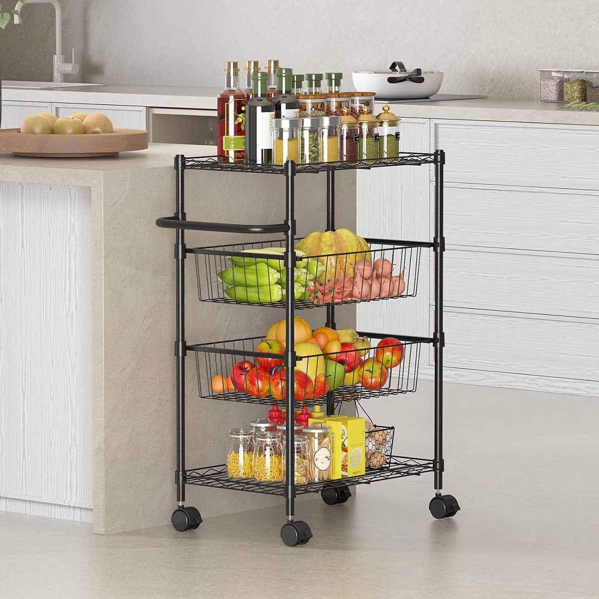 Danolapsi Kitchen Utility Cart Black, 4 Tier Heavy Duty Rolling Carts ...