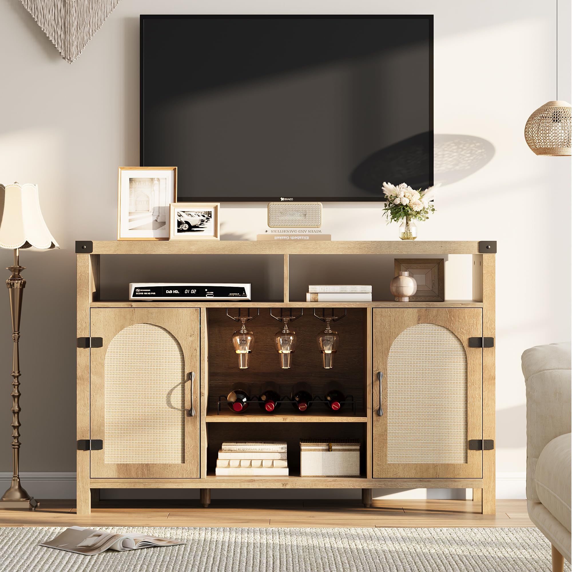 Danolapsi Large 59" Rattan Farmhouse Sideboard Liquor Cabinet with Wine ...