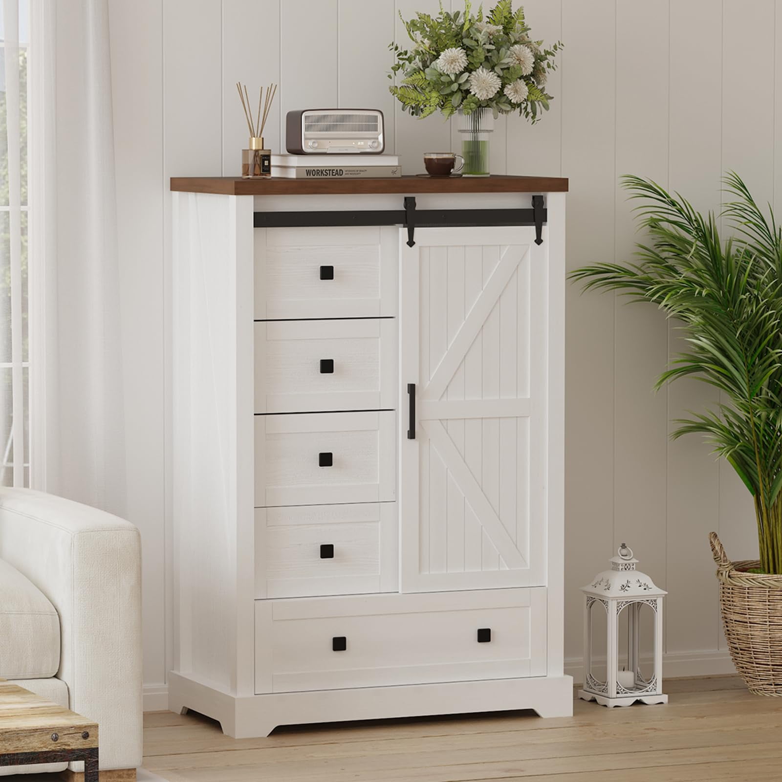 Danolapsi Modern 5 Drawers Dresser for Bedroom with Sliding Barn Door ...