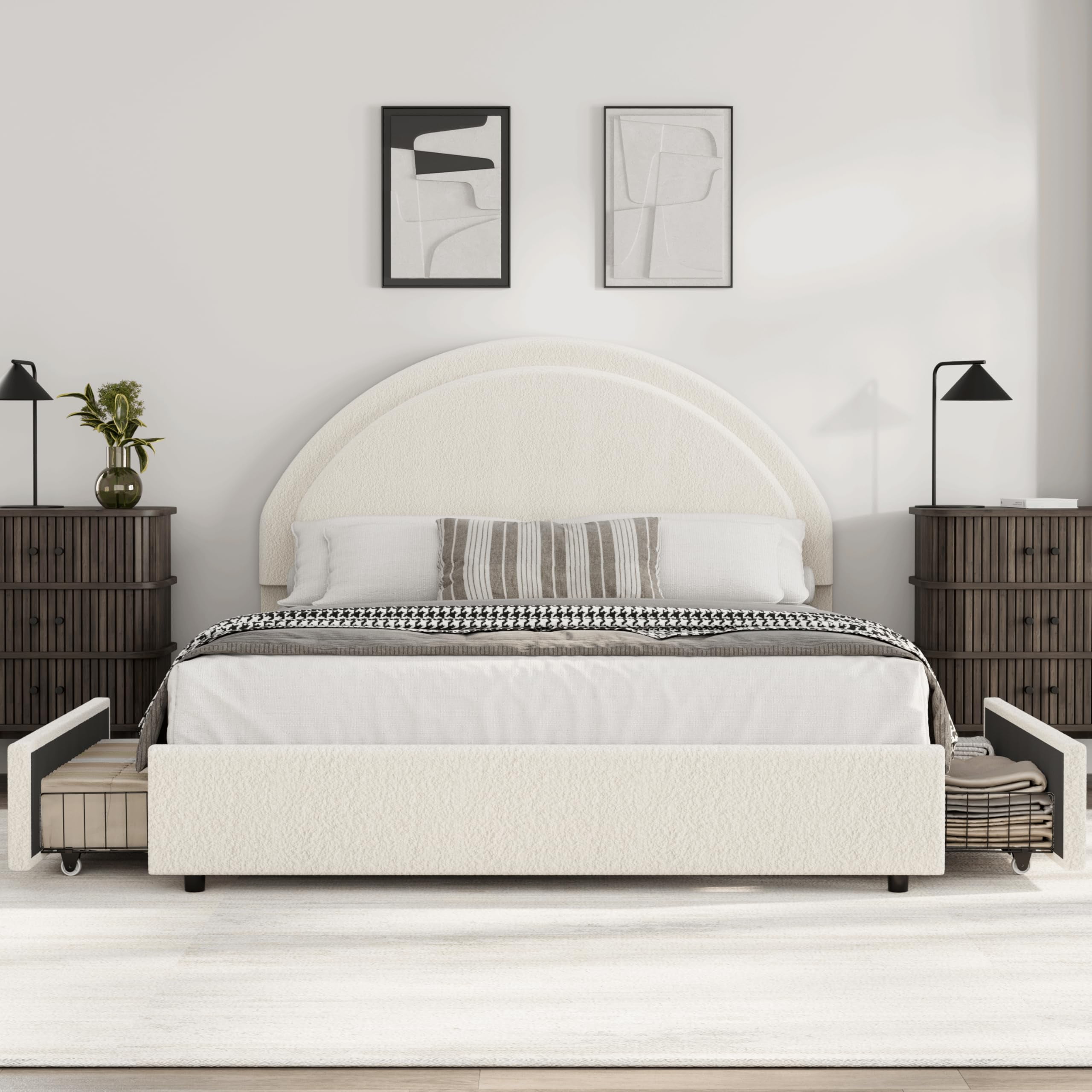 Danolapsi Queen Size Bed Frame with Storage Drawers, Upholstered Boucle ...
