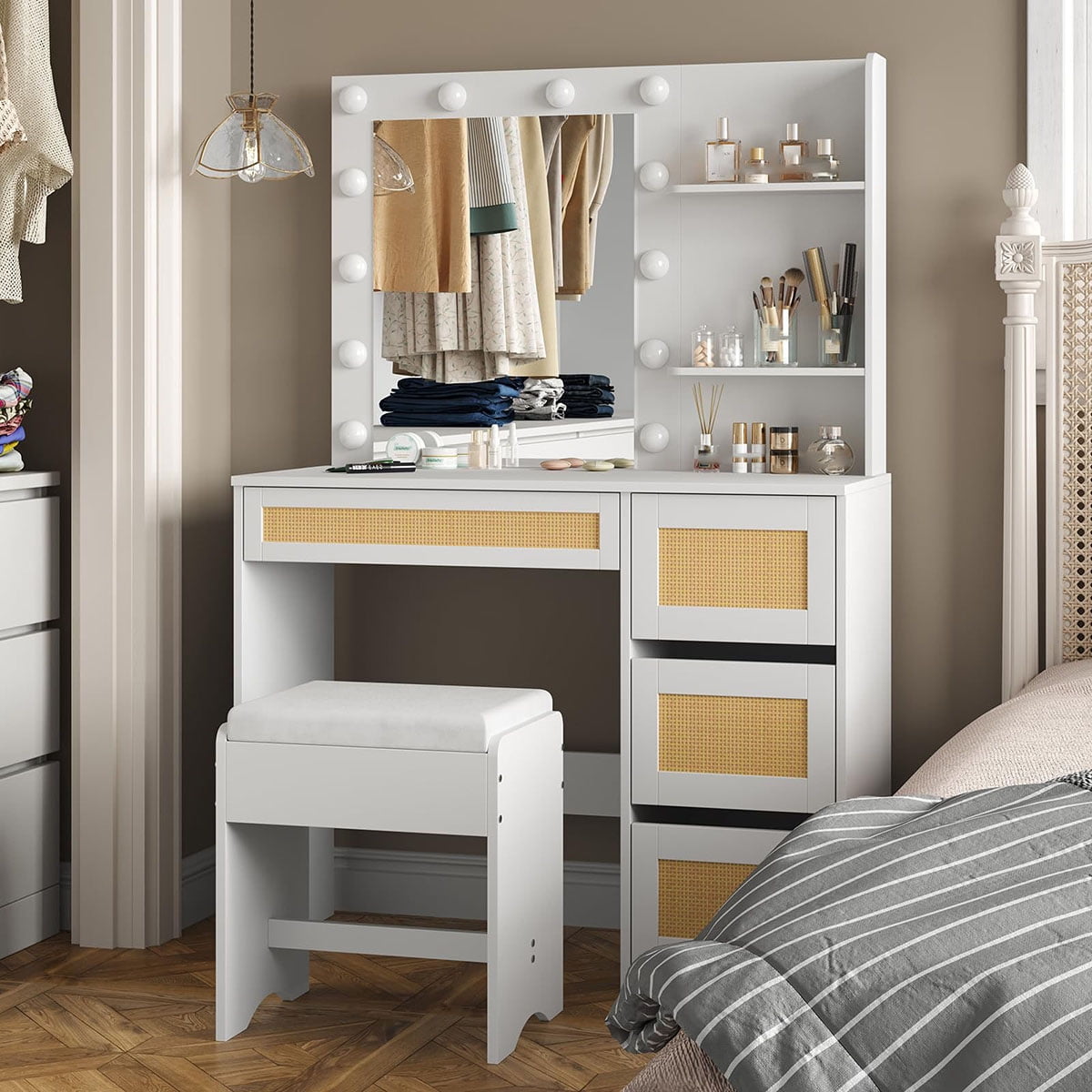Danolapsi Rattan Vanity Desk,Makeup Vanity with LED Lights and Mirror ...