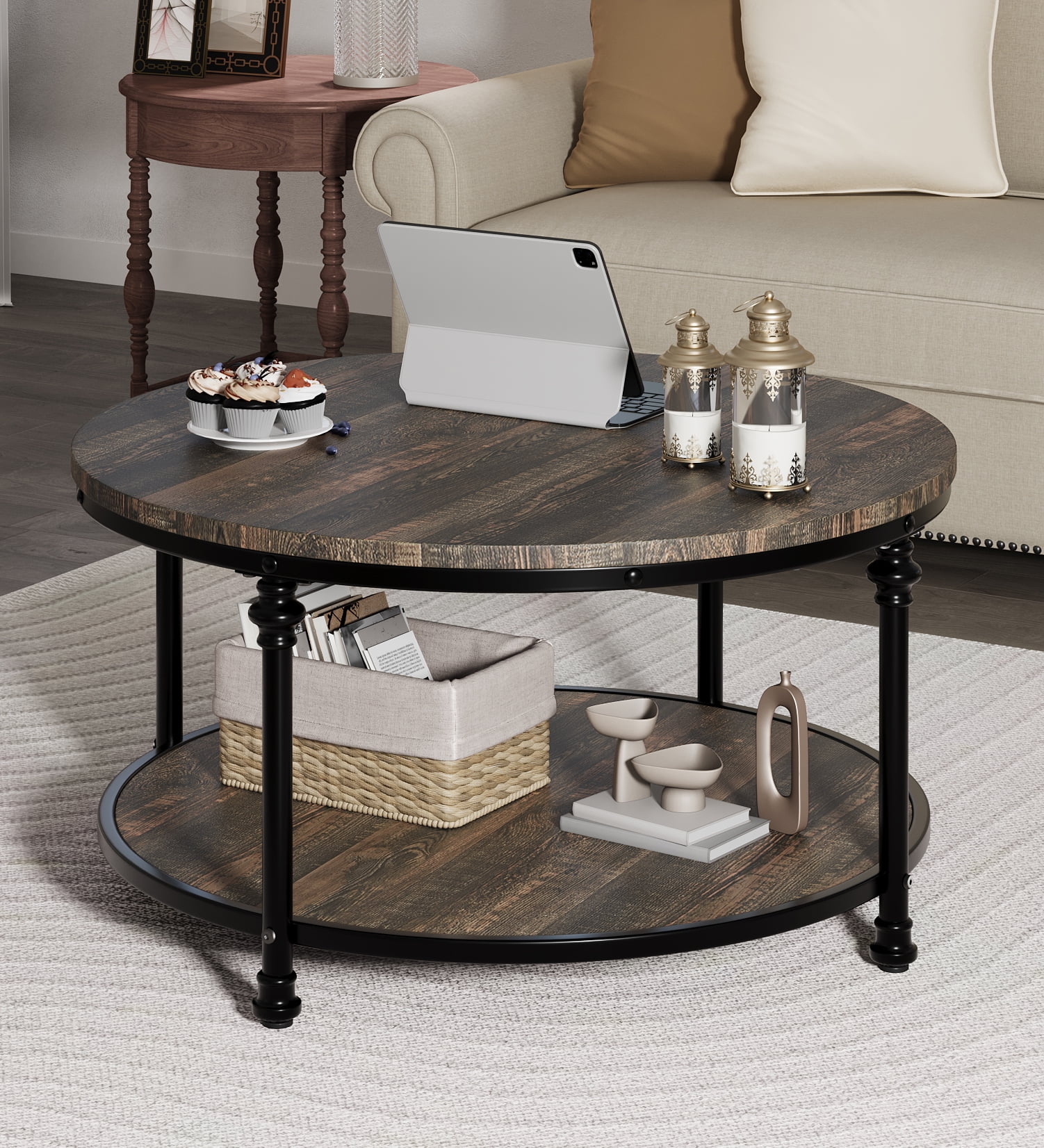 Danolapsi Round Coffee Table Living Room Rustic Circle Center Table ...