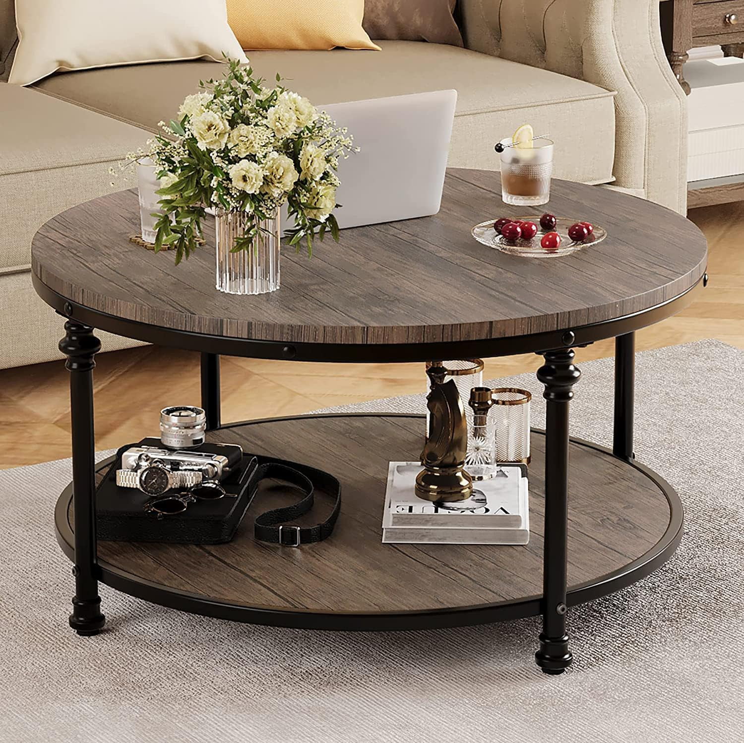 Danolapsi Round Coffee Table Living Room Rustic Circle Center Table with Storage Shelf 2-Tier ...